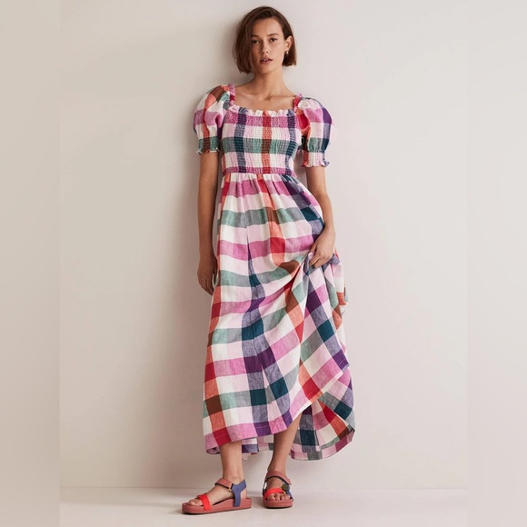 Boden | Dresses | Boden Smocked Bodice Linen Gingham Colorful Short ...